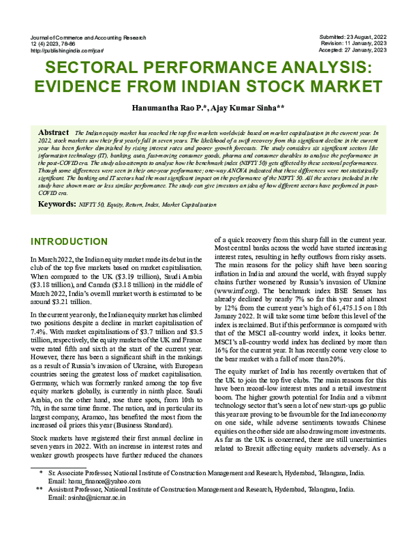 (PDF) Sectoral Performance Analysis: Evidence from Indian Stock Market