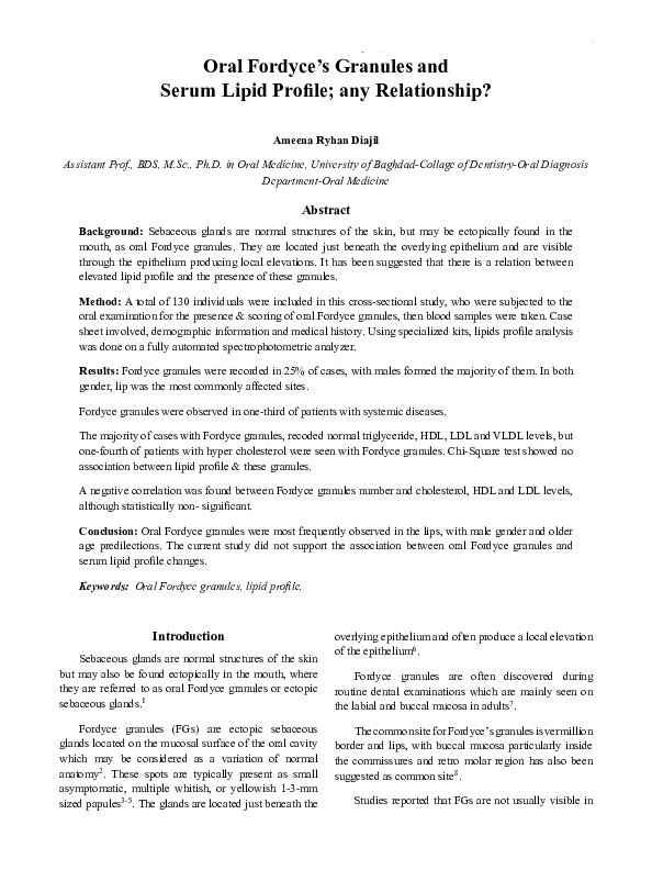 (PDF) Oral Fordyce’s Granules and Serum Lipid Profile; any Relationship?