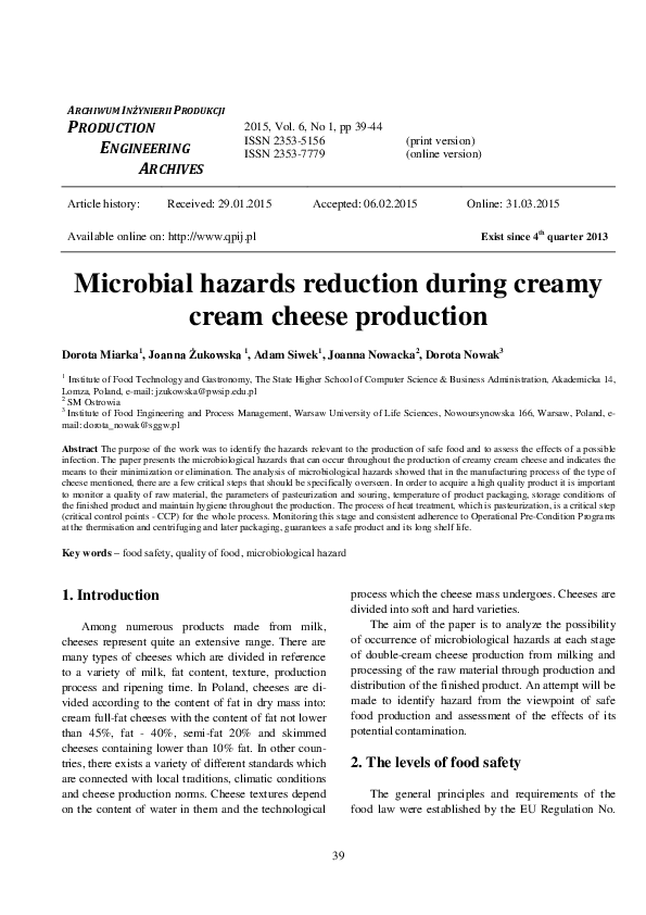 (PDF) Microbial hazards reduction during creamy cream cheese production ...