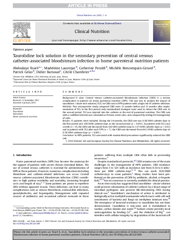 (PDF) Taurolidine lock solution in the secondary prevention of central ...