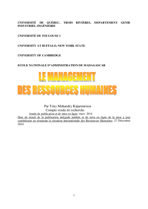 (PDF) Le Management des Ressources Humaines-Synthèse et Résumé Dec