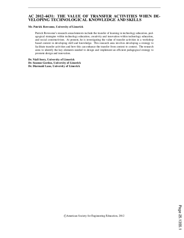 (PDF) The Value of Transfer Activities when Developing Technological Knowledge and Skills