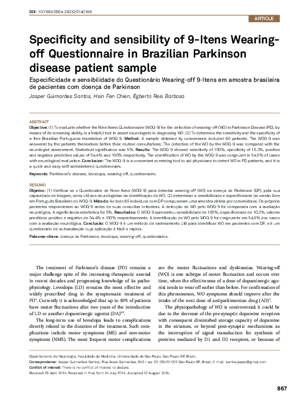(PDF) Specificity and sensibility of 9-Itens Wearing-off Questionnaire ...