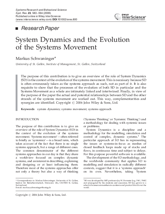 (PDF) System dynamics and the evolution of the systems movement