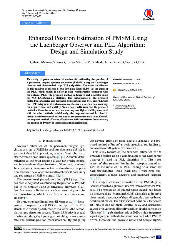Pdf Enhanced Position Estimation Of Pmsm Using The Luenberger Observer And Pll Algorithm
