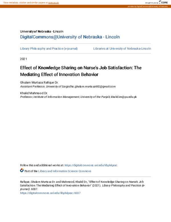 (PDF) Effect of Knowledge Sharing on Nurse’s Job Satisfaction: The Mediating Effect of ...
