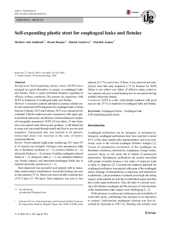 (PDF) Self-expanding plastic stent for esophageal leaks and fistulae