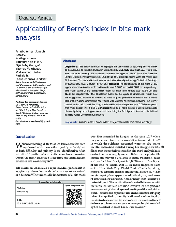 (PDF) Applicability of Berry′s index in bite mark analysis | Leena arakkal - Academia.edu
