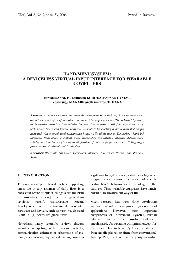 (PDF) Hand-menu system: a deviceless virtual input interface for wearable computers