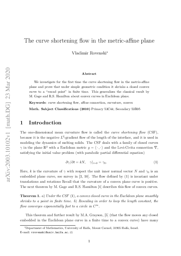 (PDF) The curve shortening flow in the metric-affine plane