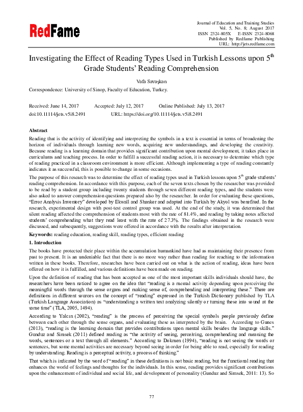 (PDF) Investigating the Effect of Reading Types Used in Turkish Lessons ...