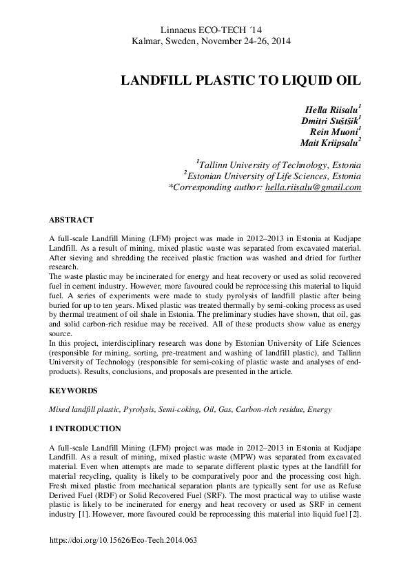 (PDF) Landfill plastic to liquid oil | mait kriipsalu - Academia.edu