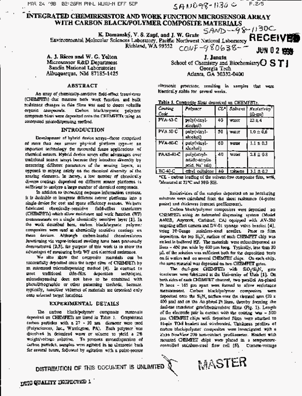 (PDF) Integrated chemiresistor and work function microsensor array with carbon black/polymer ...