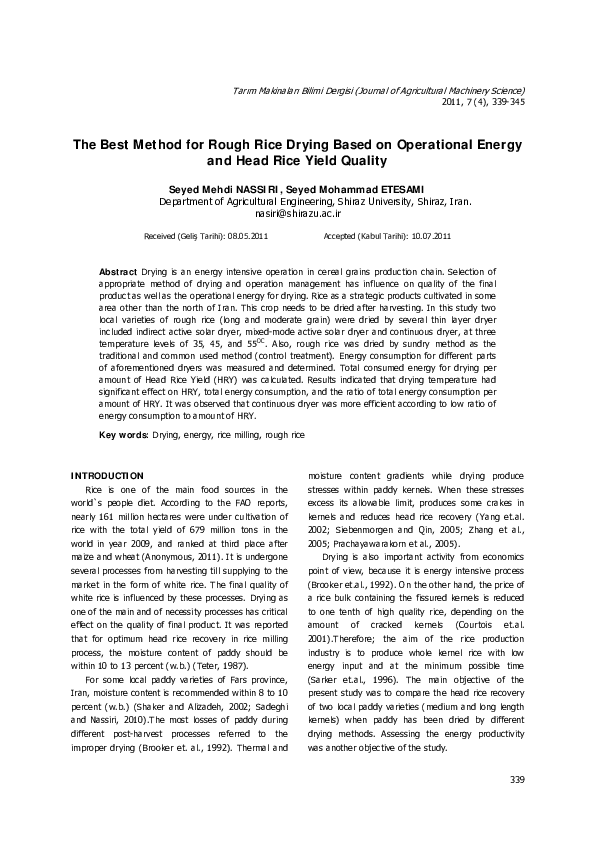(PDF) The Best Method for Rough Rice Drying Based on Operational Energy ...