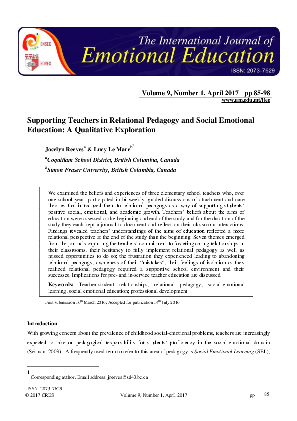 (PDF) Supporting teachers in relational pedagogy and social emotional education : a qualitative ...