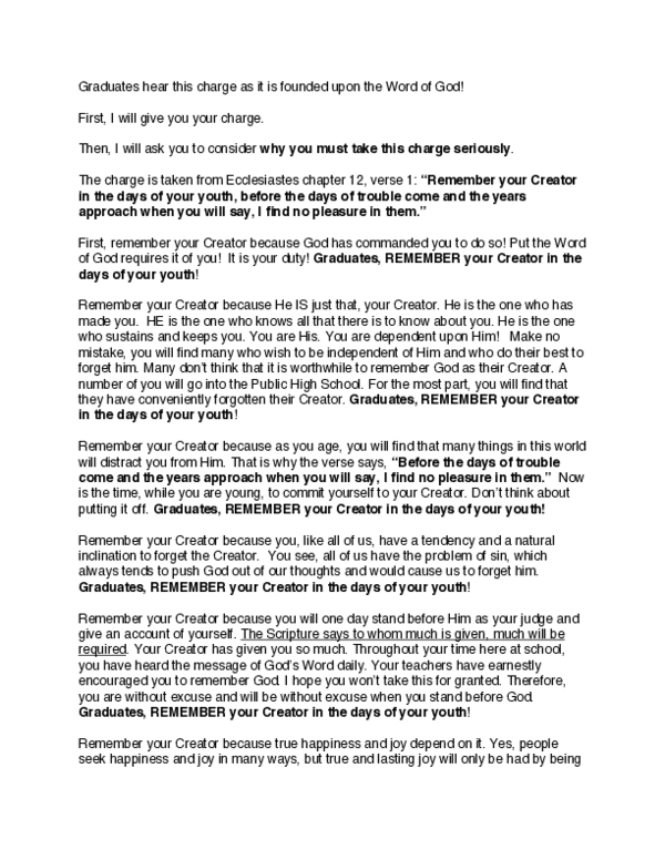 (PDF) "Remember Your Creator" - Christian School Graduation Charge