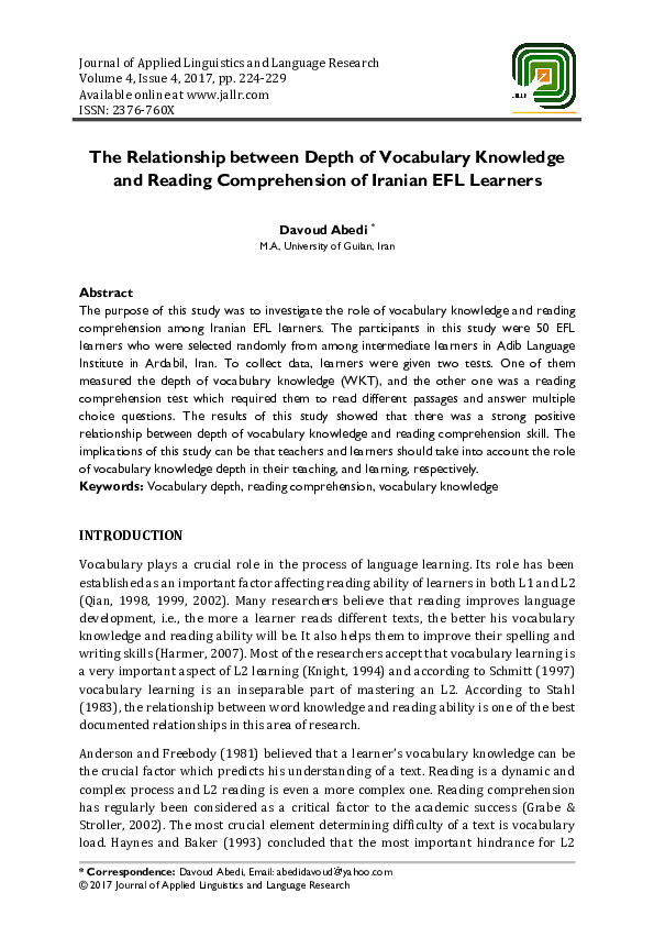 (PDF) The Relationship between Depth of Vocabulary Knowledge and Reading Comprehension of ...