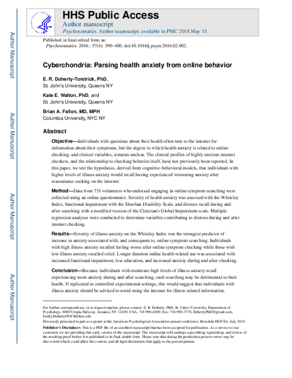 (PDF) Cyberchondria: Parsing Health Anxiety From Online Behavior