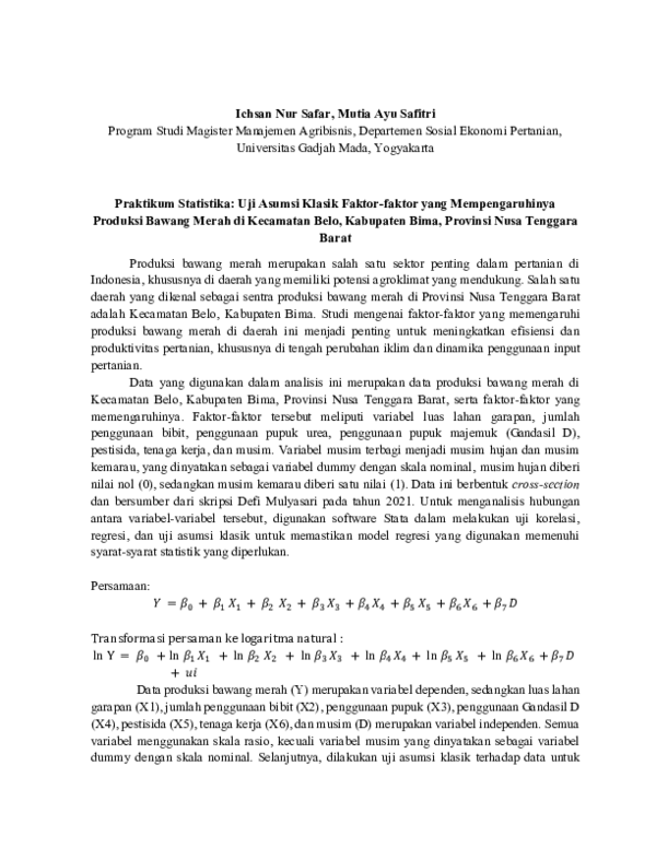 (PDF) Praktikum Statistika: Uji Asumsi Klasik Faktor-faktor yang Mempengaruhinya Produksi Bawang ...