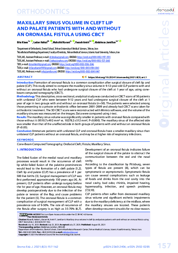 (PDF) Maxillary Sinus Volume in Cleft Lip and Palate Patients with and without an Oronasal ...