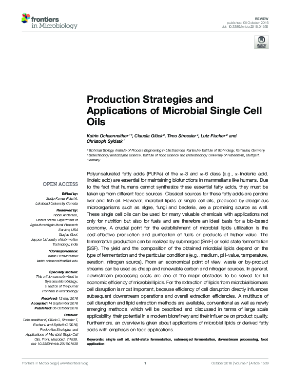 (PDF) Production Strategies and Applications of Microbial Single Cell Oils