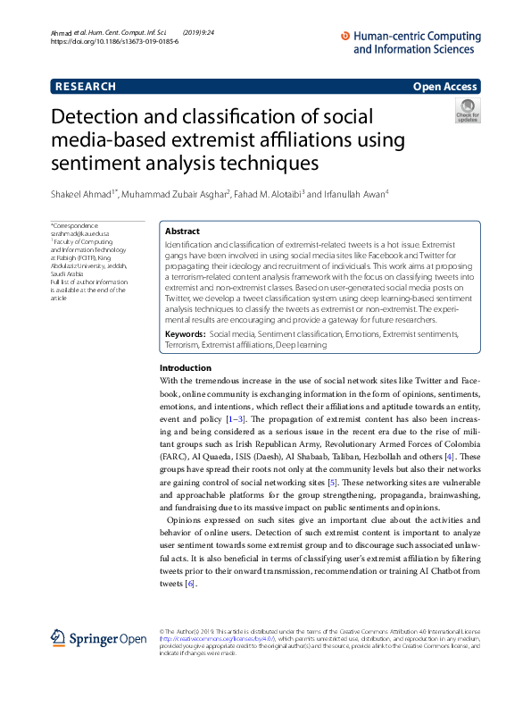 (PDF) Detection and classification of social media-based extremist affiliations using sentiment ...