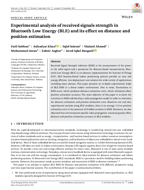 (PDF) Experimental analysis of received signals strength in Bluetooth ...