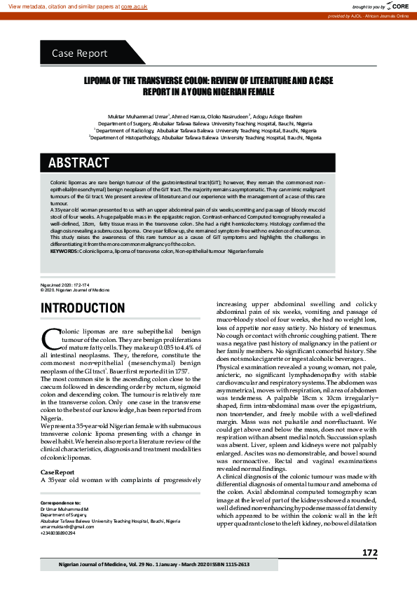 (PDF) Lipoma of the transverse colon: Review of literature and a case ...