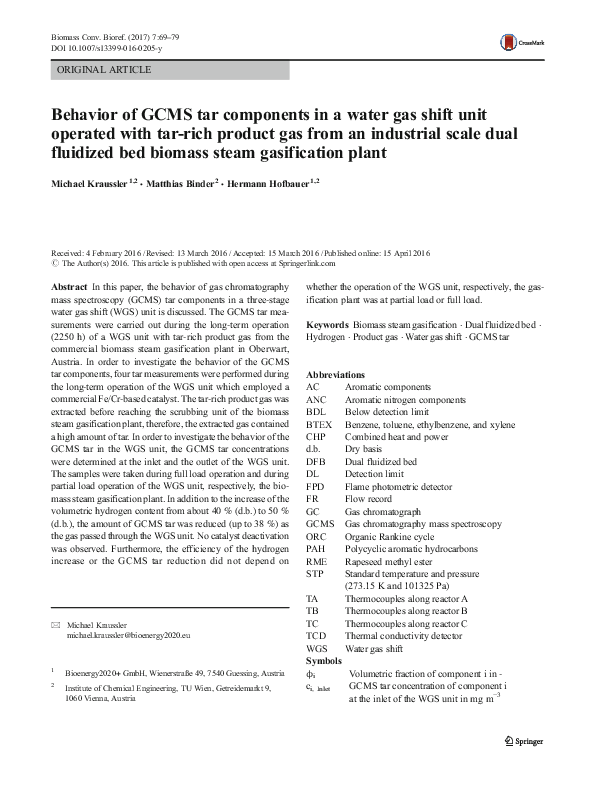 (PDF) Behavior of GCMS tar components in a water gas shift unit ...