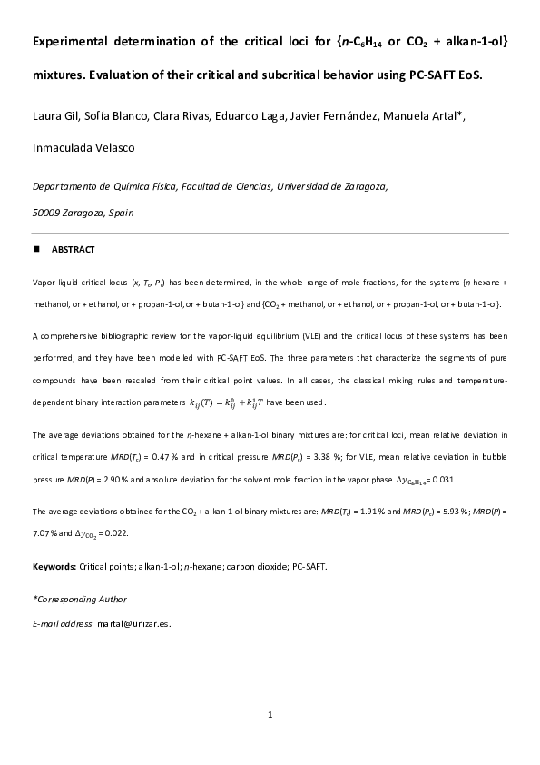 (PDF) Experimental determination of the critical loci for {n-C6H14 or ...