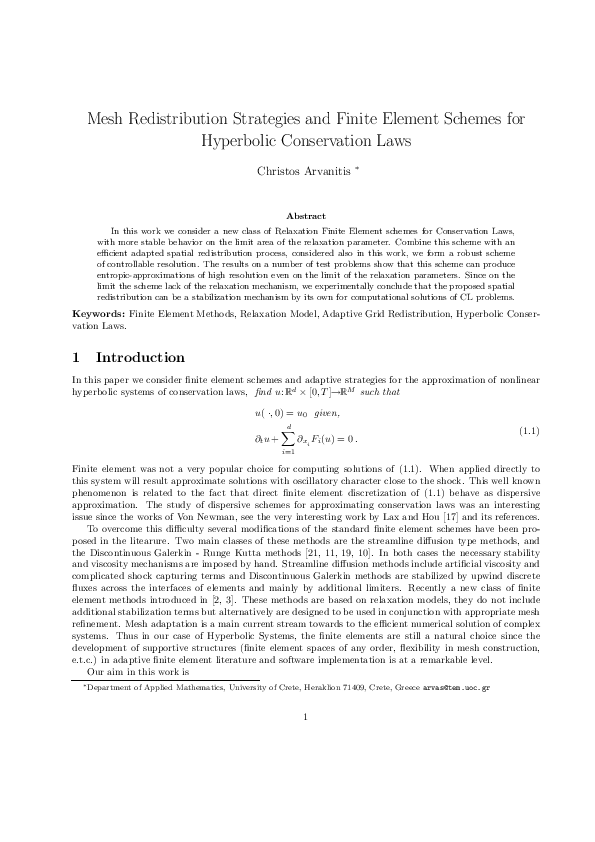 (PDF) Mesh Redistribution Strategies and Finite Element Schemes for Hyperbolic Conservation Laws
