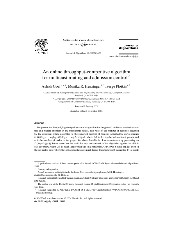(PDF) Online througput-competitive algorithm for multicast routing and admission control | Serge ...