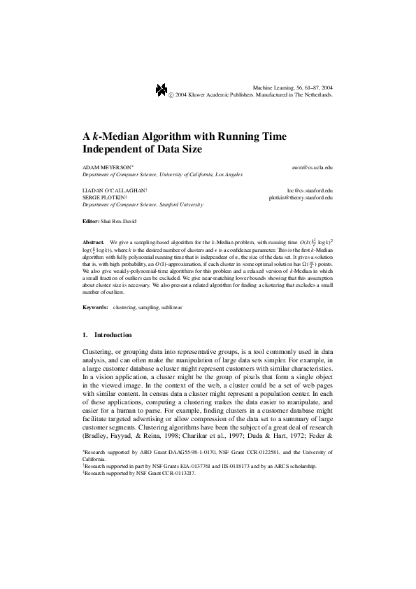 (PDF) A k-Median Algorithm with Running Time Independent of Data Size