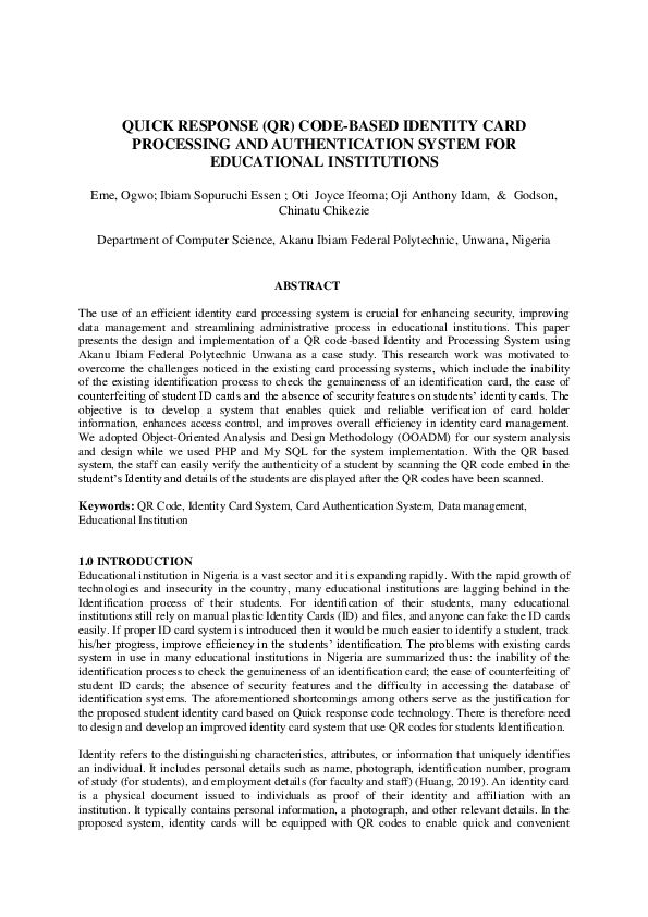 (PDF) QUICK RESPONSE (QR) CODE-BASED IDENTITY CARD PROCESSING AND AUTHENTICATION SYSTEM FOR ...