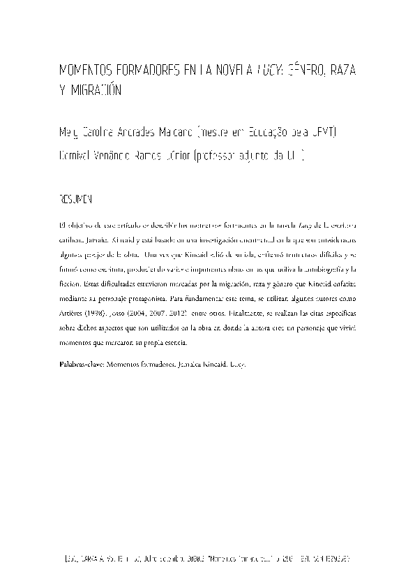 (PDF) Momentos formadores en la novela Lucy: género, raza y migración