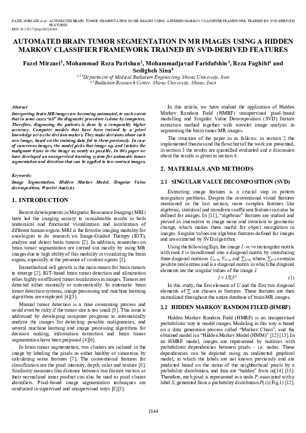 Pdf Automated Brain Tumor Segmentation In Mr Images Using A Hidden Markov Classifier Framework