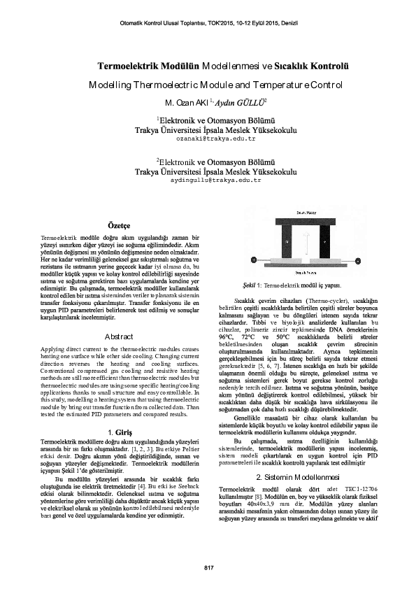 (PDF) Termoelektrik Modülün Modellenmesi ve Sıcaklık Kontrolü