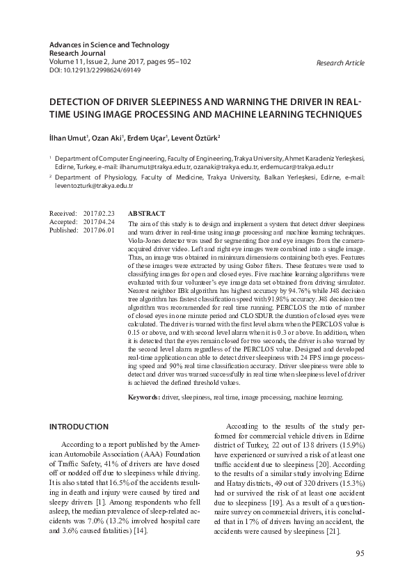 Pdf Detection Of Driver Sleepiness And Warning The Driver In Real