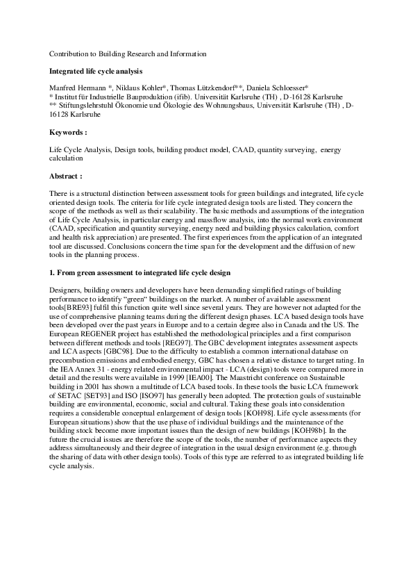 (PDF) Integrated life-cycle analysis