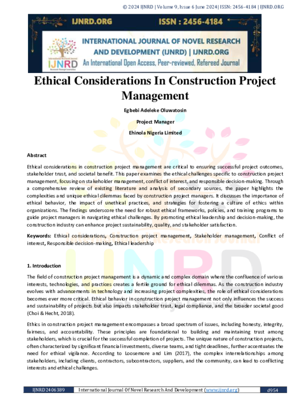 (PDF) Ethical Considerations In Construction Project Management
