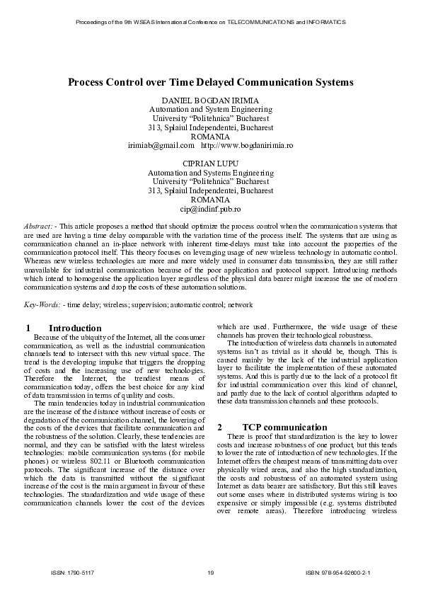 (PDF) Process control over time delayed communication systems
