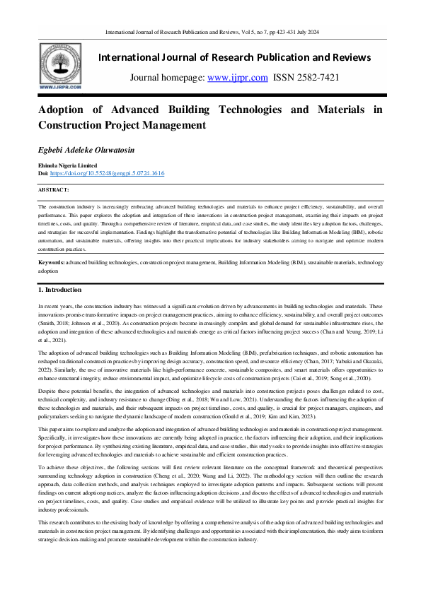 (PDF) Adoption of Advanced Building Technologies and Materials in ...