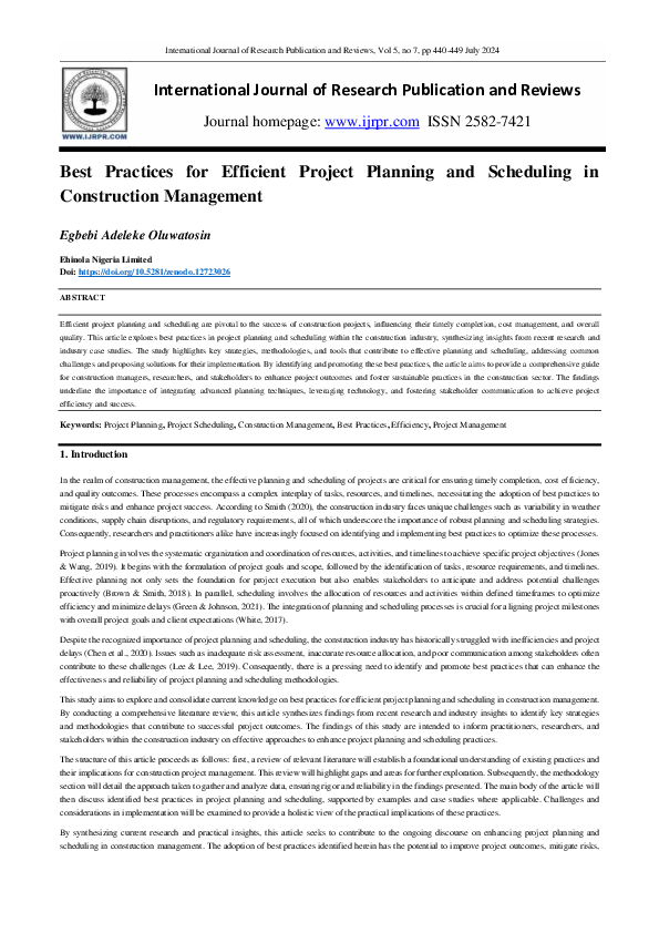 (PDF) Best Practices for Efficient Project Planning and Scheduling in ...