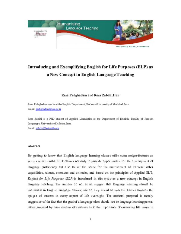 (PDF) Introducing and exemplifying English for Life Purposes (ELP) as a ...