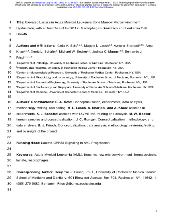 (PDF) Elevated Lactate in Acute Myeloid Leukemia Bone Marrow ...