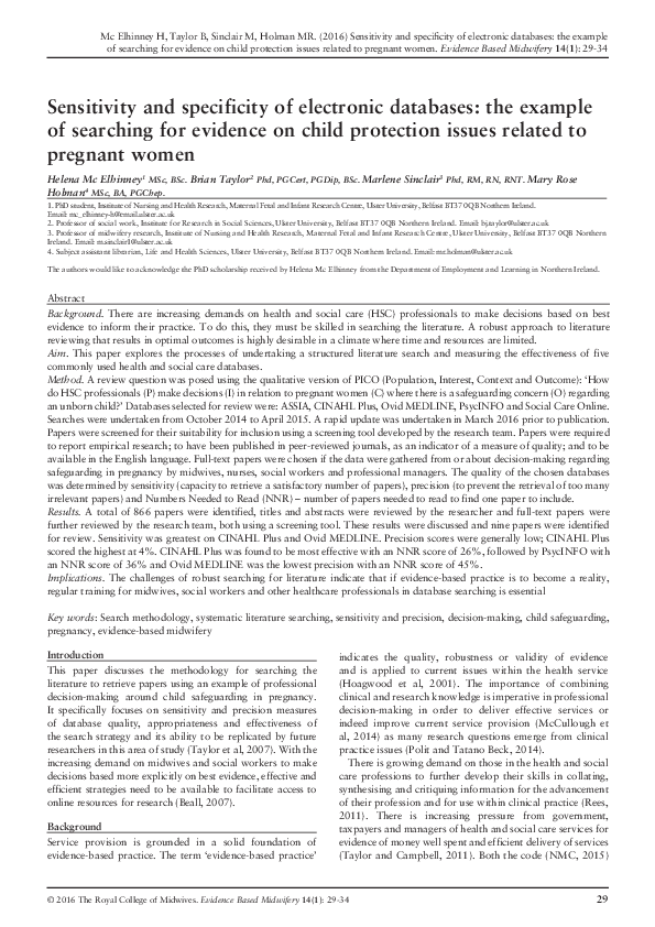 (PDF) Sensitivity and specificity of electronic databases: The example ...