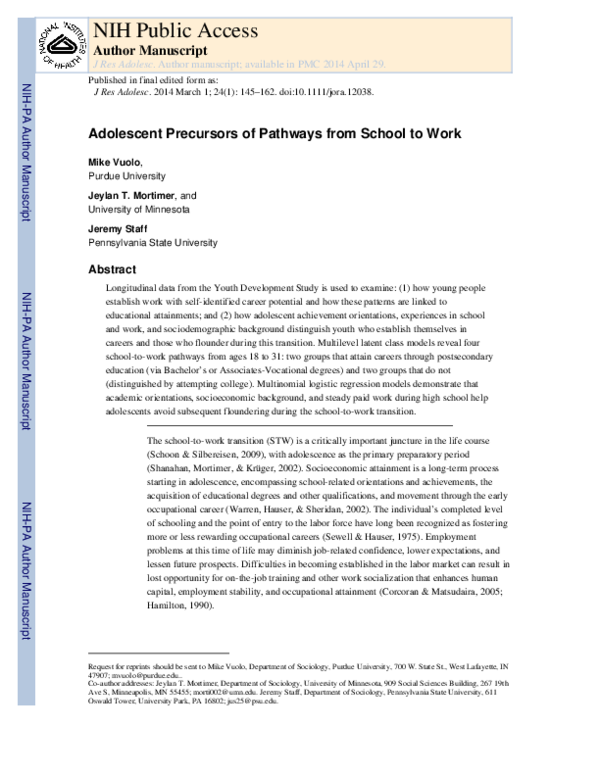 (PDF) Adolescent Precursors of Pathways From School to Work