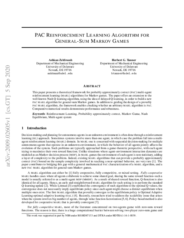 (PDF) PAC Reinforcement Learning Algorithm for General-Sum Markov Games