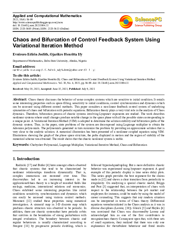 Pdf Chaos And Bifurcation Of Control Feedback System Using Variational Iteration Method