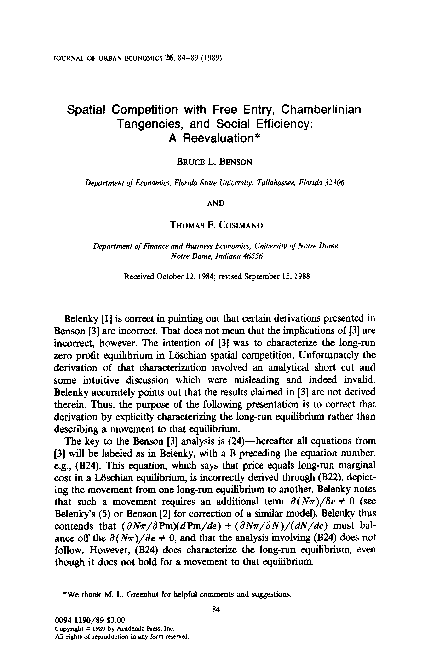 (PDF) Spatial competition with free entry, Chamberlinian tangencies ...